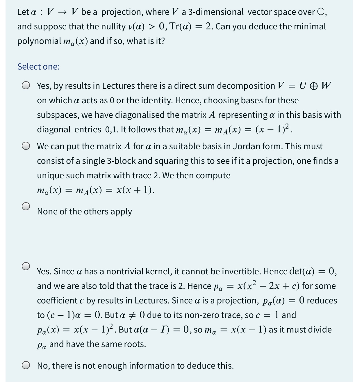 Solved Let α:V→V be a projection, where V a 3-dimensional | Chegg.com