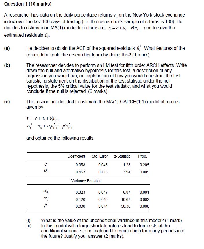 Solved Question 1 (10 marks) A researcher has data on the | Chegg.com
