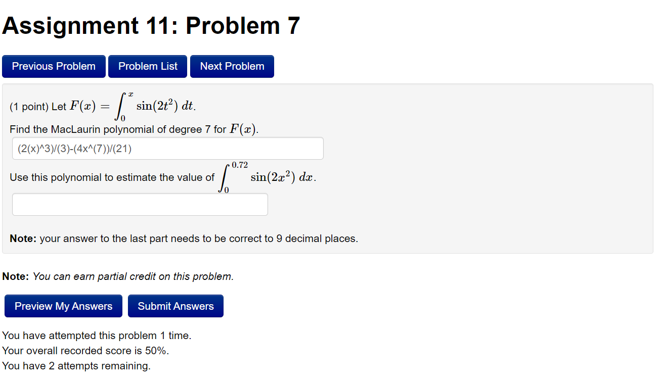 Solved Assignment 11 Problem 7 Previous Problem Problem 