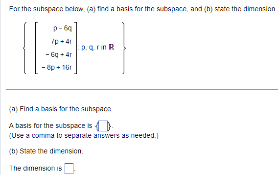 Solved For the subspace below, (a) find a basis for the | Chegg.com