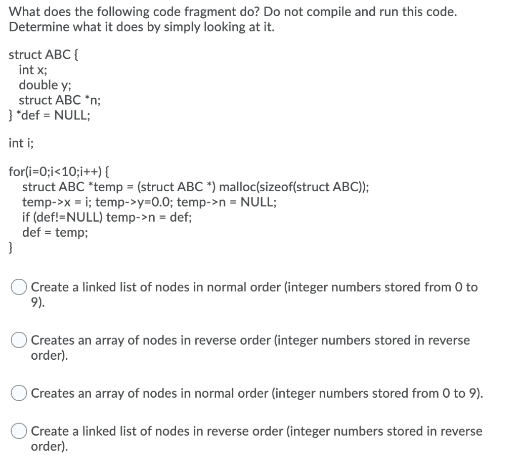 Solved What does the following code fragment do? Do not | Chegg.com