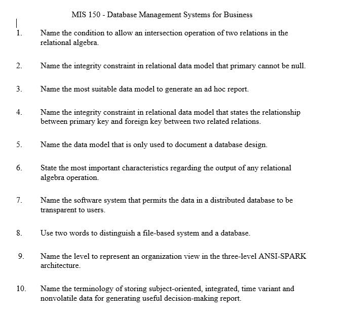 Solved MIS 150 - Database Management Systems for Business | | Chegg.com