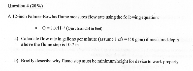 Solved A 12-inch Palmer-Bowlus flume measures flow rate | Chegg.com