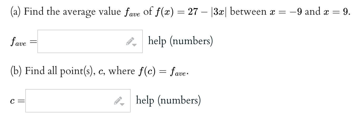 Solved (a) Find the average value fave of f(x)=27−∣3x∣ | Chegg.com