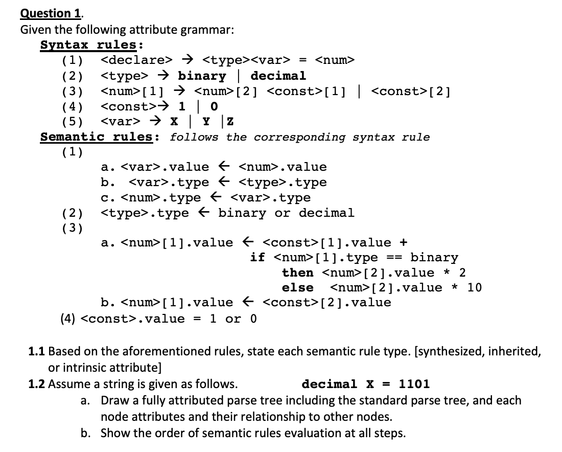 Solved Question 1 Given The Following Attribute Grammar 
