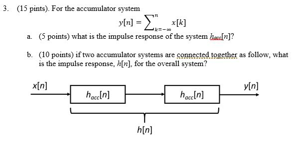 Solved 3. (15 pints). For the accumulator system y[n] = ” | Chegg.com