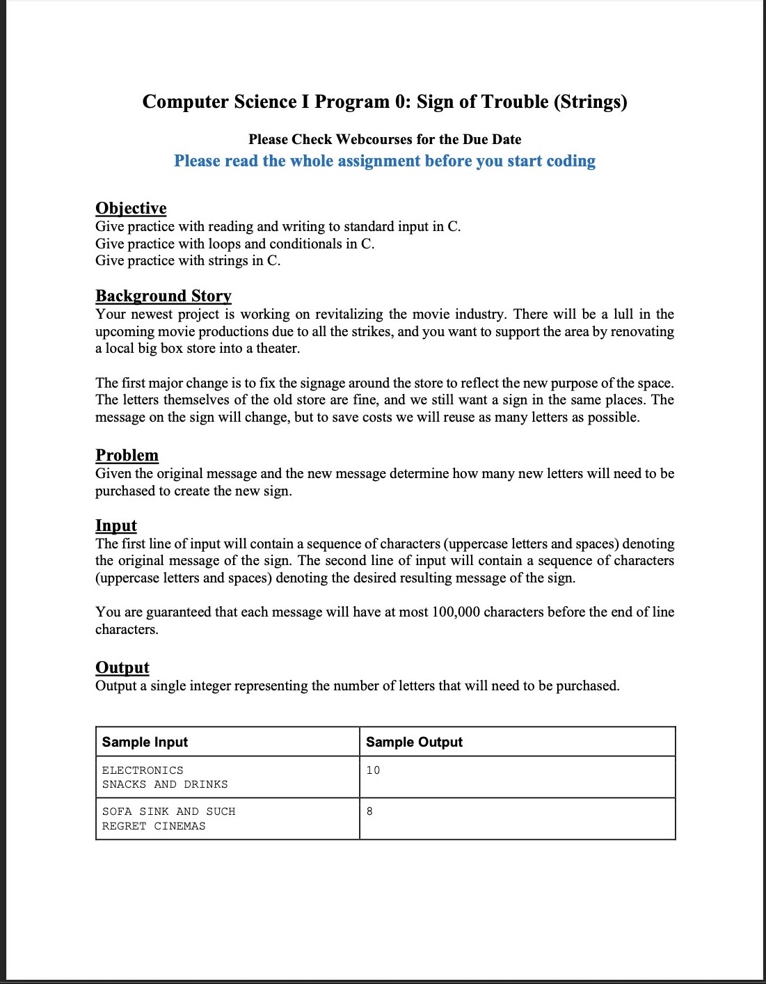 Solved Computer Science I Program 0: Sign of Trouble | Chegg.com
