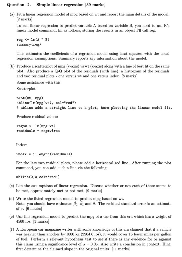 Question 2. Simple linear regression (39 marks] (a) | Chegg.com