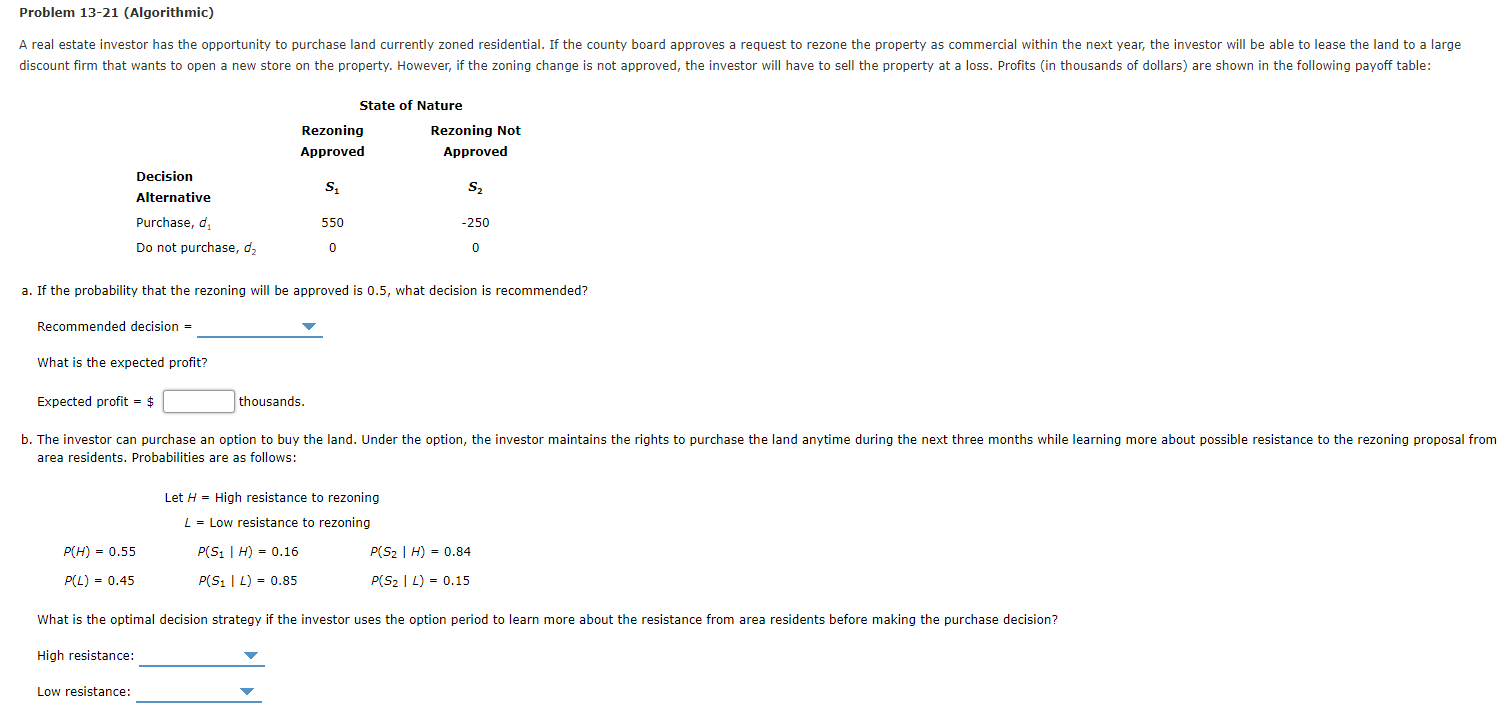 Solved Problem 13-21 (Algorithmic) A real estate investor | Chegg.com