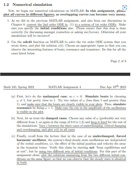 Solved 1.2 Numerical simulation Now, we begin our numerical | Chegg.com
