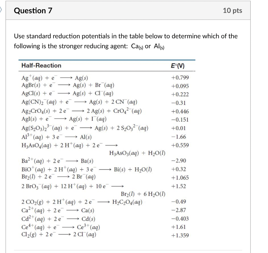 Solved Question 7 10 pts Use standard reduction potentials | Chegg.com