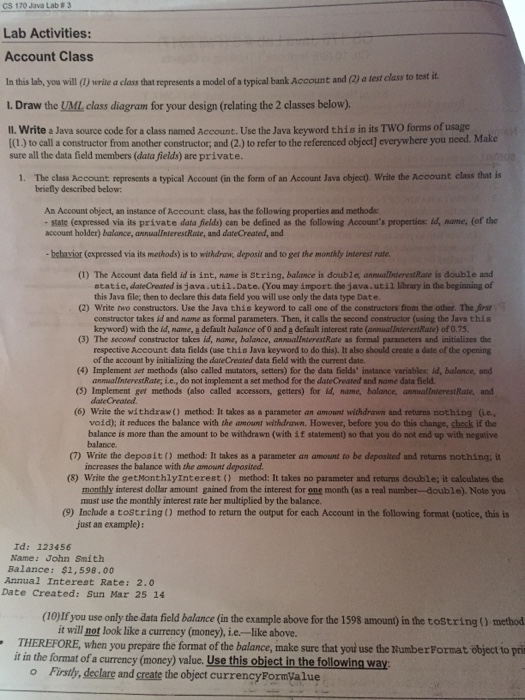 170 Java Lab . 3 Lab Activities: Account Class In | Chegg.com