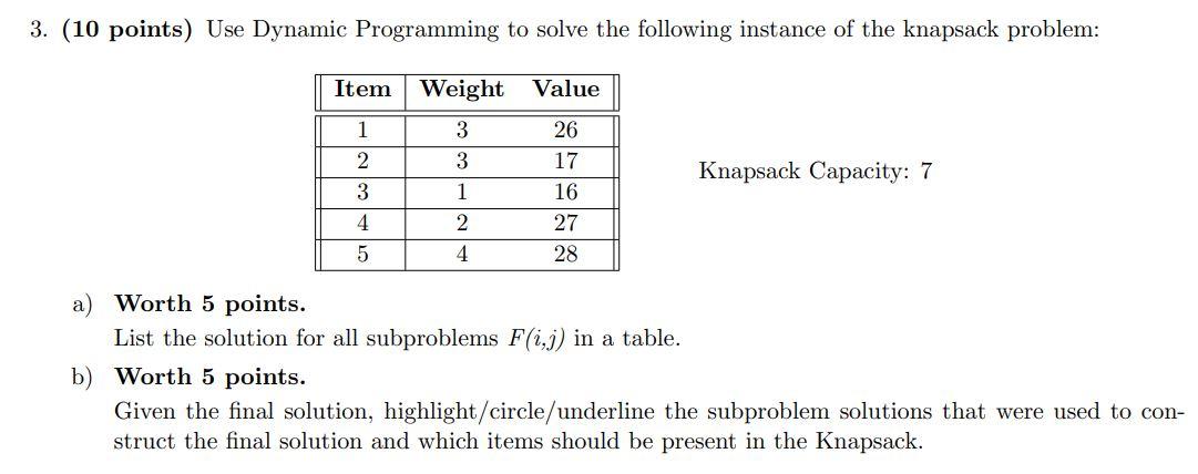 Solved 3. (10 points) Use Dynamic Programming to solve the | Chegg.com