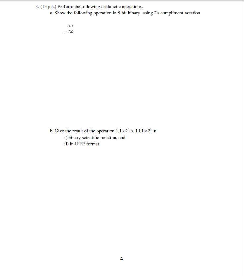 Solved 4. (13 pts.) Perform the following arithmetic | Chegg.com