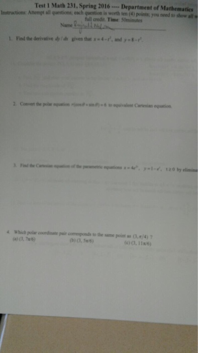 Solved Test 1 Math 231 Spring 2016 Department of Mathematics | Chegg.com