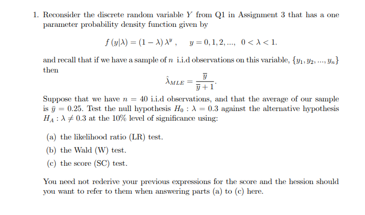 1. Reconsider the discrete random variable Y from Q1 | Chegg.com