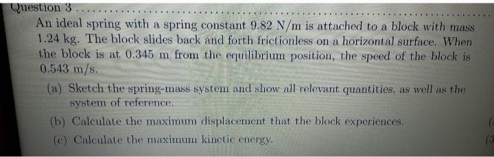 Solved a Question 3 An ideal spring with a spring constant | Chegg.com