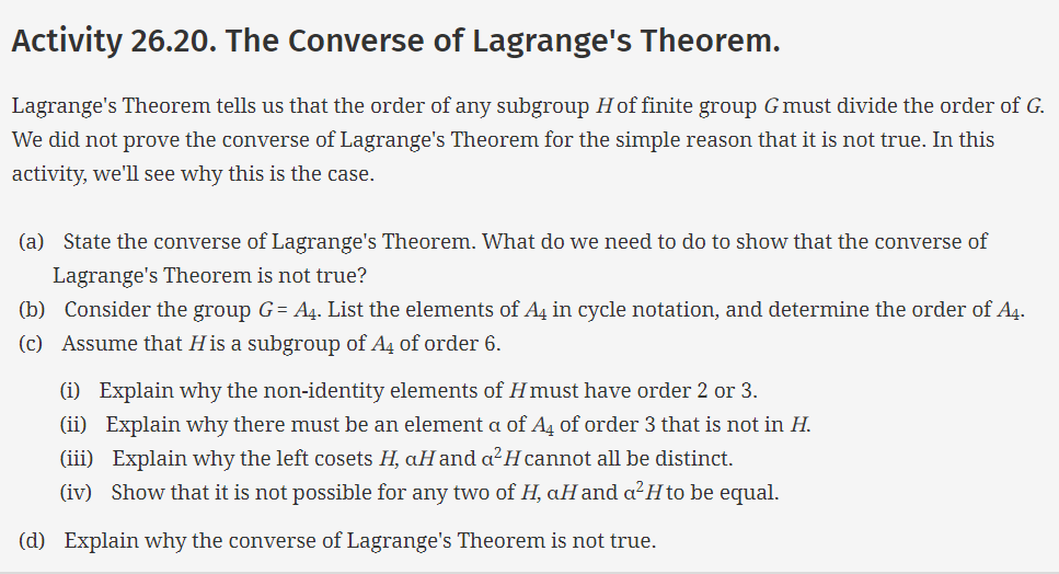Solved Activity 26.20. The Converse of Lagrange's Theorem. | Chegg.com
