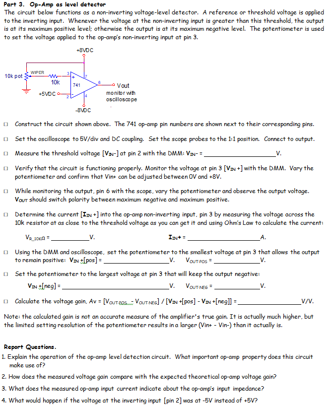 Solved Part 3. Op-Amp as level detector The circuit below | Chegg.com