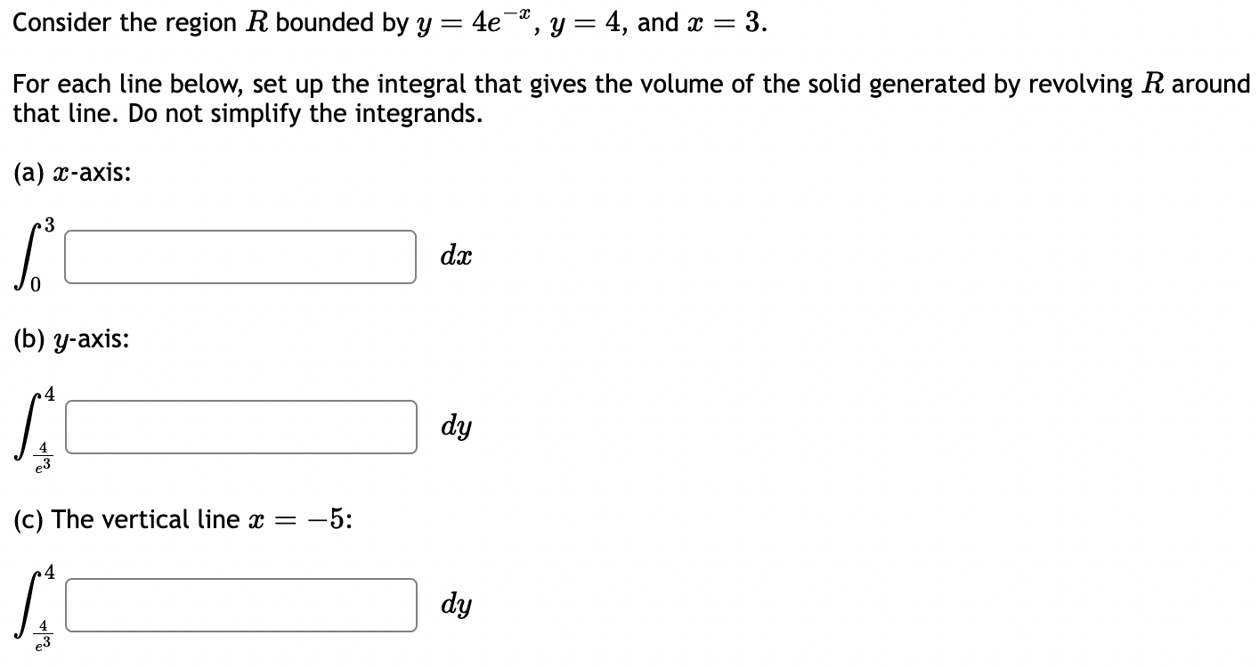 Solved Consider the region R ﻿bounded by y=4e-x,y=4, ﻿and | Chegg.com