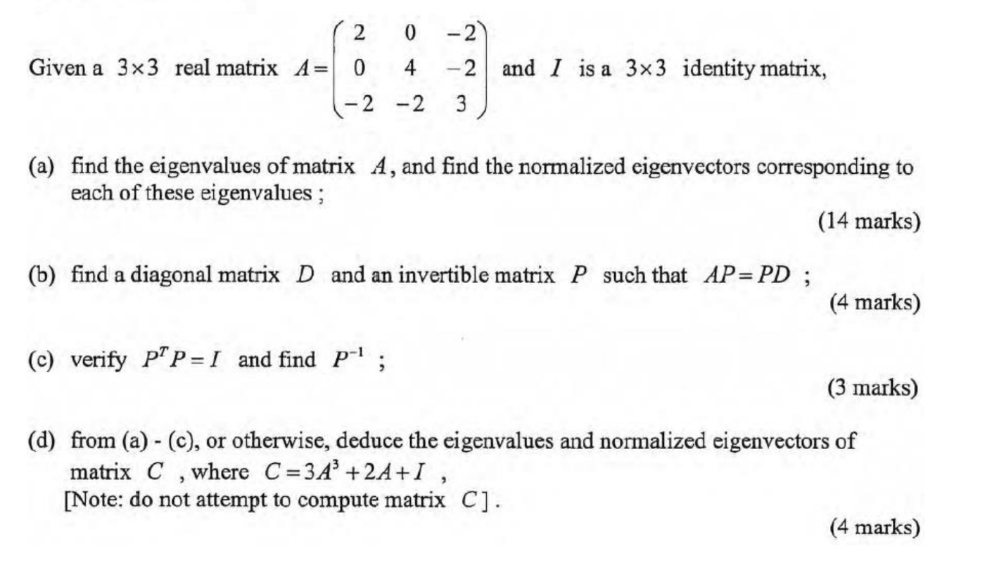 Solved Given a 3×3 real matrix A=⎝⎛20−204−2−2−23⎠⎞ and I is | Chegg.com
