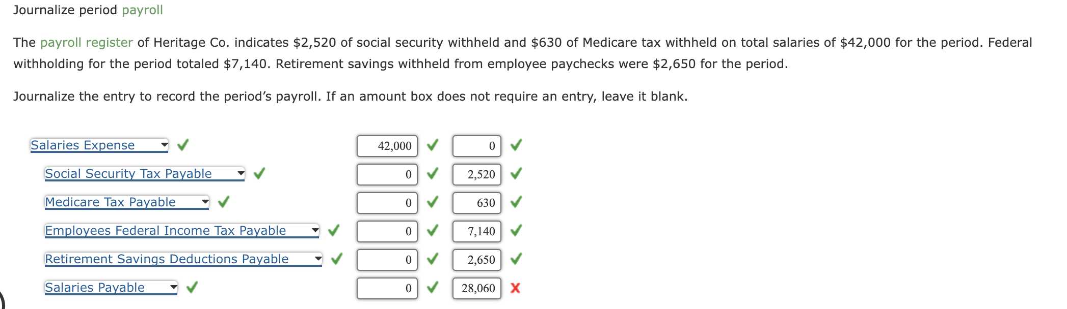 Solved The payroll register of Heritage Co. indicates $2,520 | Chegg.com