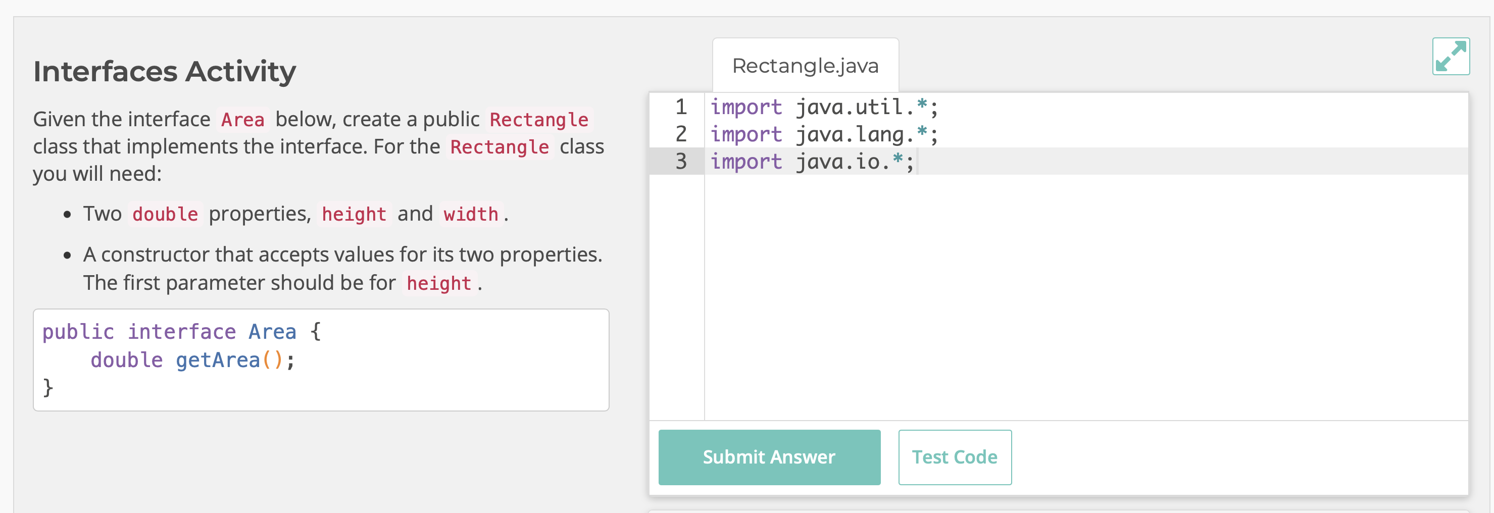 Solved Interfaces Activity Rectangle.java Given the | Chegg.com