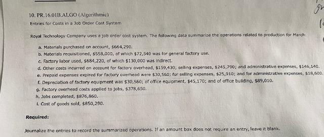 Solved کر 10. PR. 16.01B.ALGO (Algorithmic) Entries for | Chegg.com
