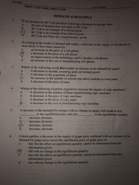 Solved NAME PRINT LAST NAME, FIRST NAME SECTION# DEMAND AND | Chegg.com