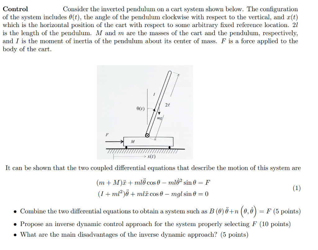 Solved Control Consider the inverted pendulum on a cart | Chegg.com