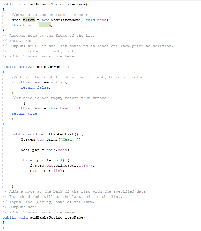 Solved java, need an addback, deleteback function and then a | Chegg.com
