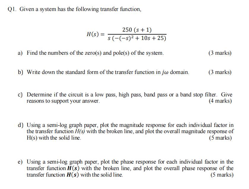 Solved Q1. Given a system has the following transfer | Chegg.com