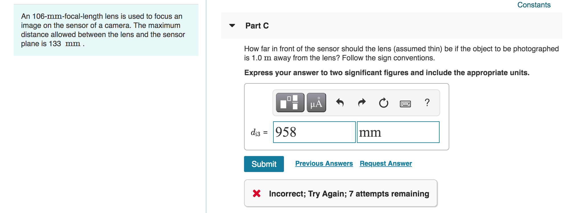Solved Constants Part C An 106-mm-focal length lens is used | Chegg.com