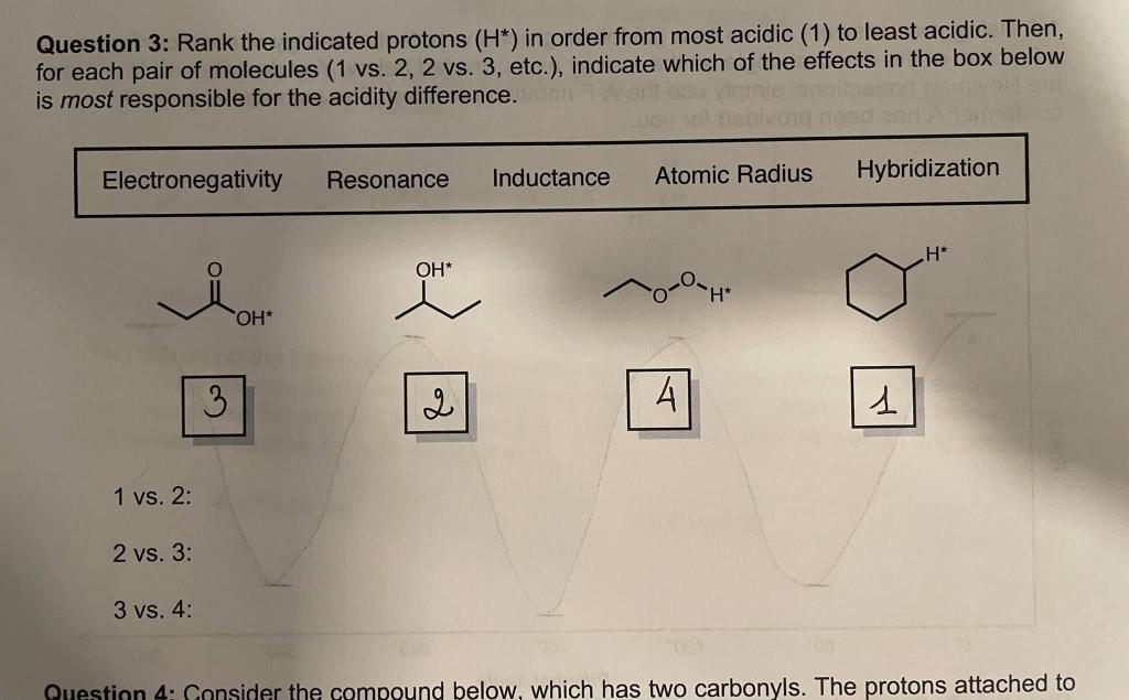 Solved Question 3: Rank the indicated protons (H*) in order | Chegg.com