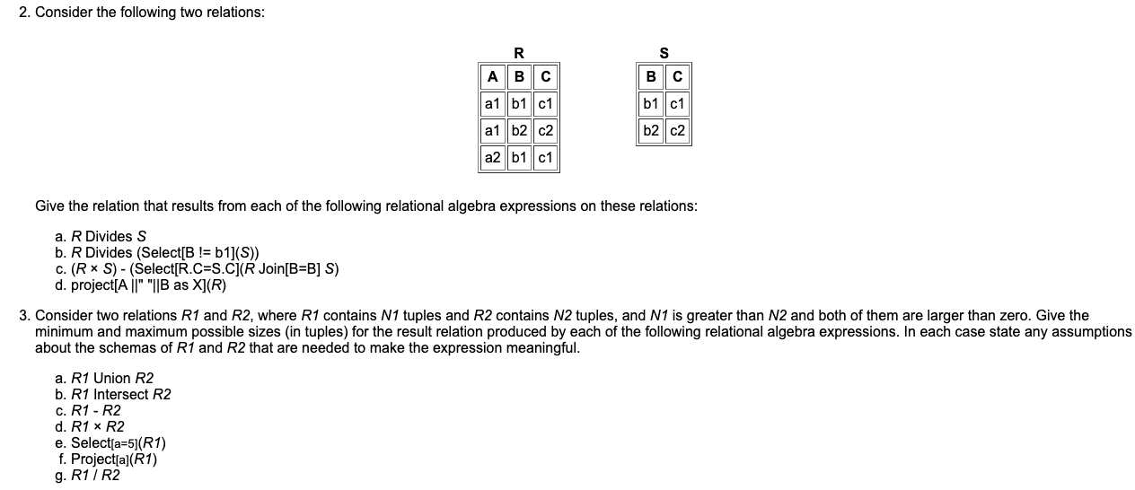 Solved 2. Consider the following two relations: Give the | Chegg.com