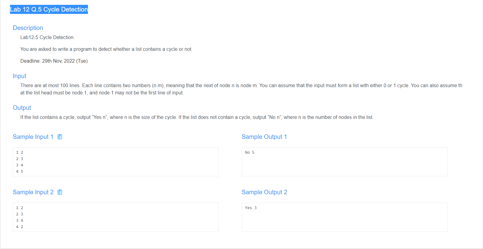 Solved Description Lab12-5 Cycle Detection You are asked to | Chegg.com