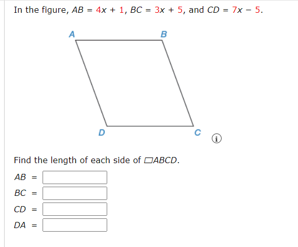 Solved In the figure, AB=4x+1,BC=3x+5, and CD=7x−5. _) Find | Chegg.com