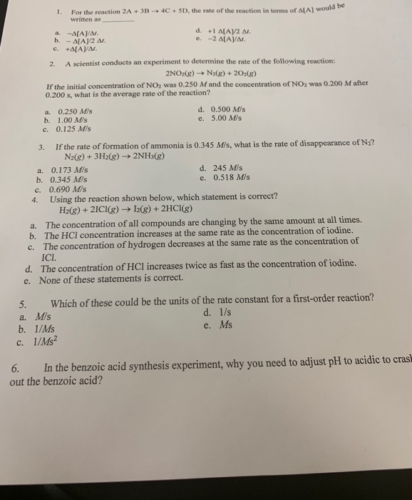 Solved would be For the reaction 2A + 3B-+ 4C + 5D, the rate | Chegg.com