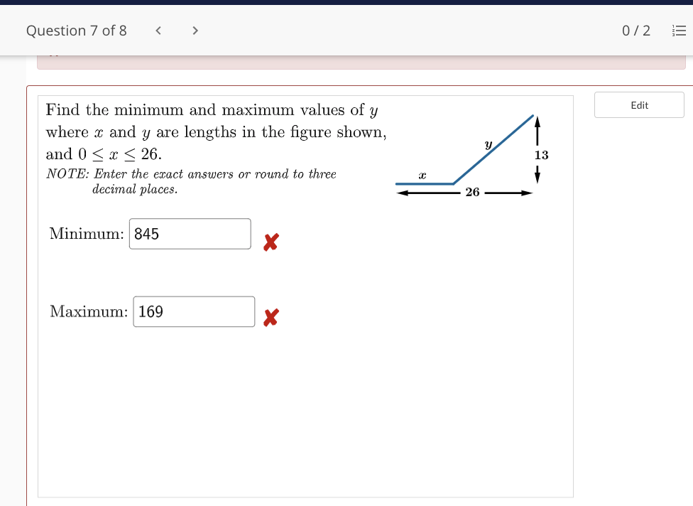 Solved Question 7 of 8 072 Edit Find the minimum and maximum | Chegg.com