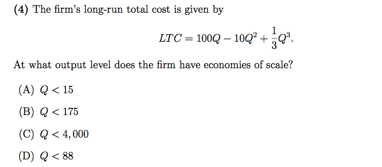 Solved (4) The firm's long-run total cost is given by 1 LTC | Chegg.com