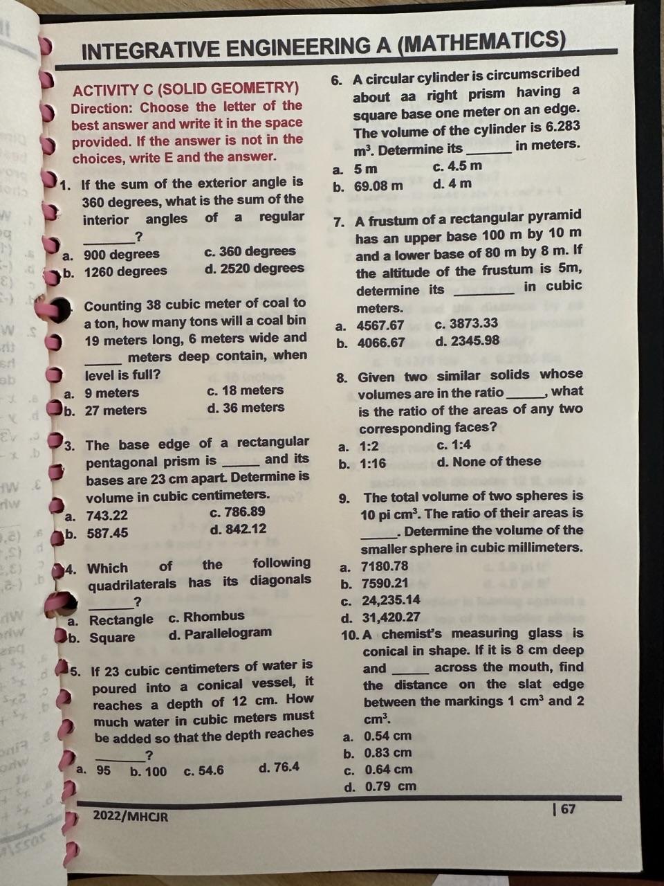 Solved INTEGRATIVE ENGINEERING A (MATHEMATICS) ACTIVITY C | Chegg.com