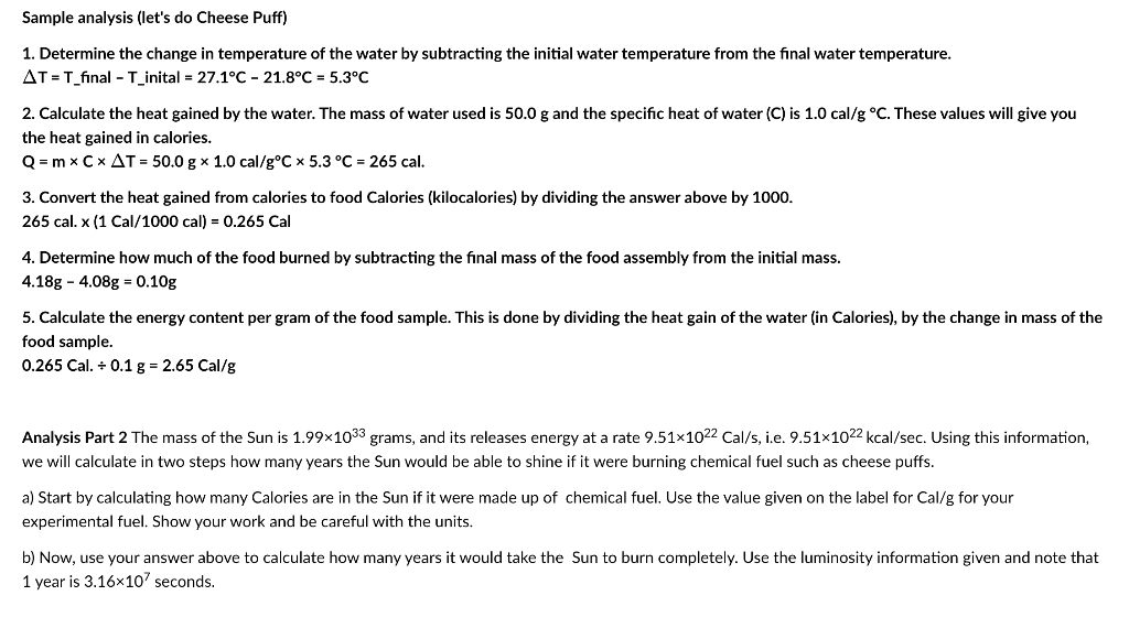 Solved Sample analysis (let's do Cheese Puff) 1. Determine | Chegg.com
