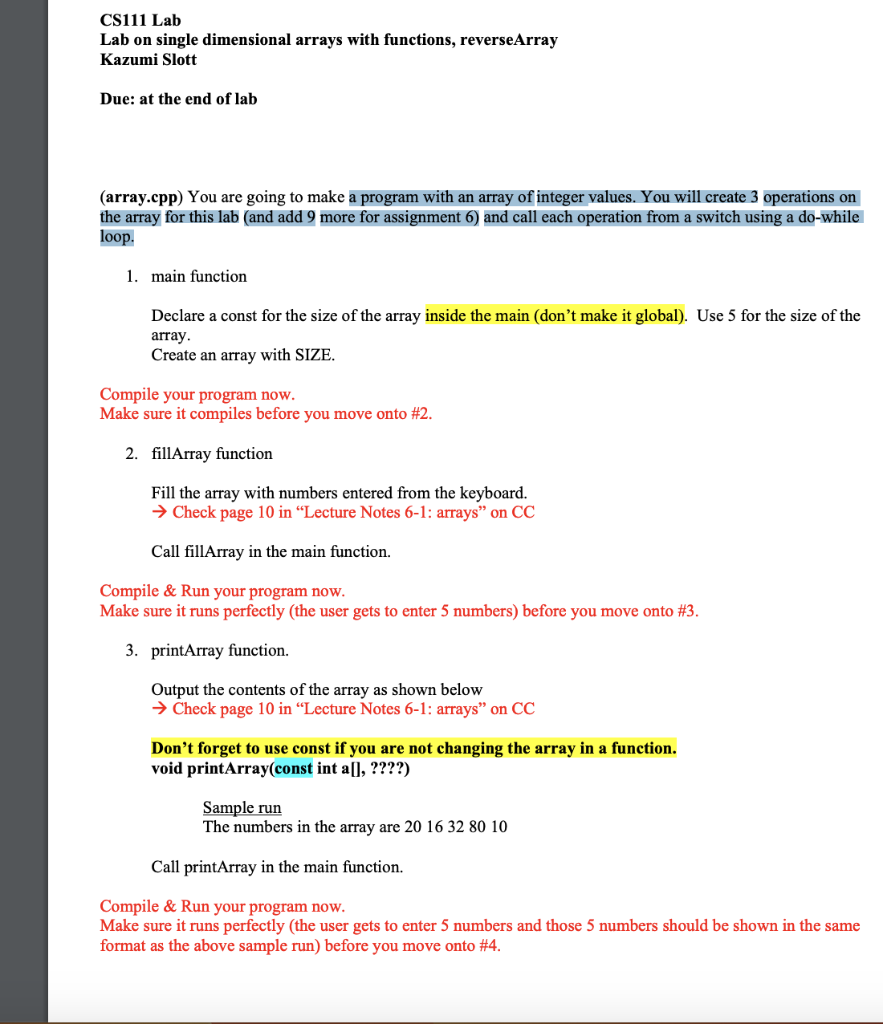 Solved CS111 Lab Lab on single dimensional arrays with | Chegg.com