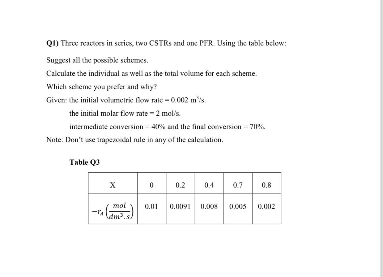 Solved Q1 Three Reactors In Series Two Cstrs And One Pfr
