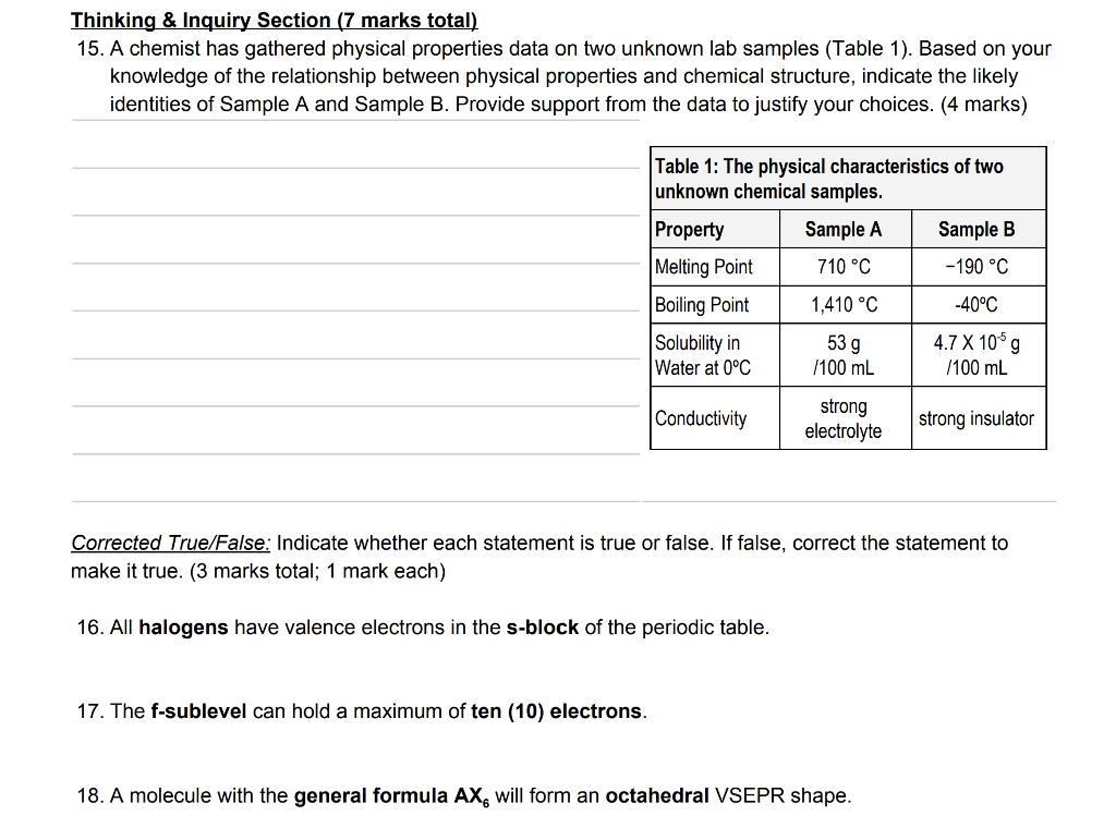 Solved Thinking & Inquiry Section (7 marks total) 15. A | Chegg.com