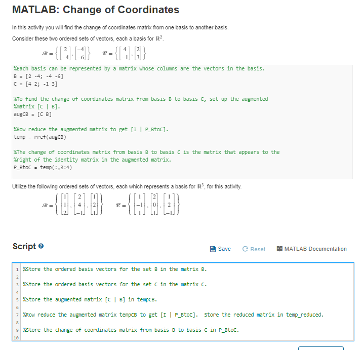 Solved MATLAB Change Of Coordinates In This Activity You Chegg