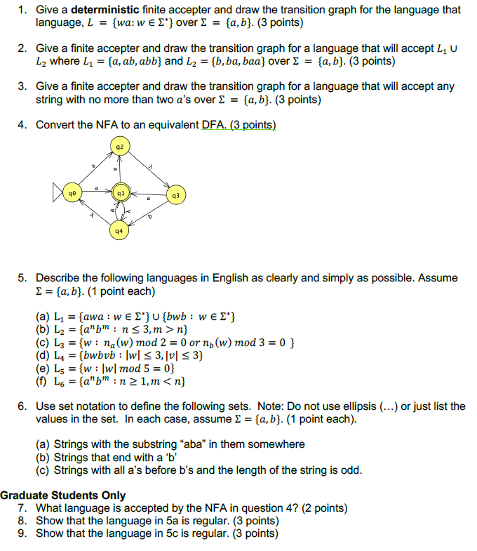 Solved 1. Give a deterministic finite accepter and draw the | Chegg.com
