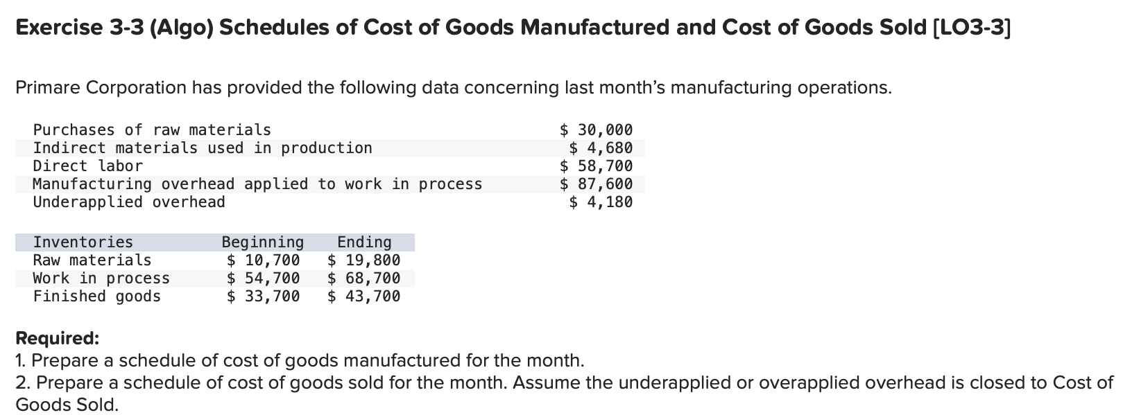 Solved Exercise 3-3 (Algo) Schedules of Cost of Goods | Chegg.com
