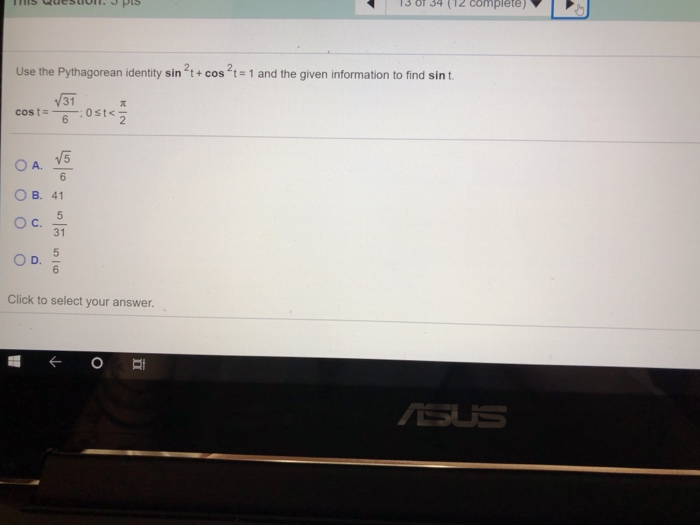 Solved Of 34 (1z complete) Use the Pythagorean identity sin | Chegg.com
