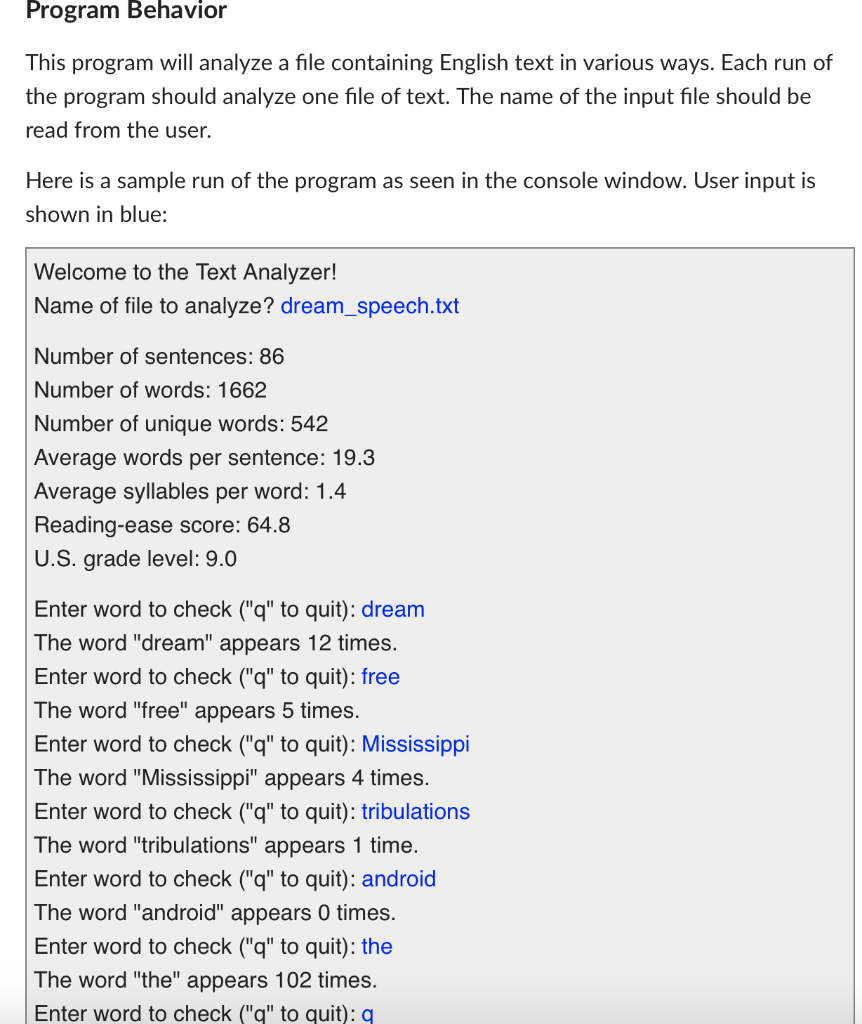 Solved Program Behavior This program will analyze a file | Chegg.com